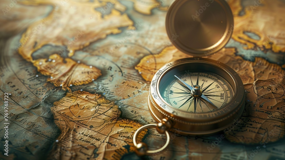 A compass resting on an ancient map, symbolizing guidance, vision, and ...