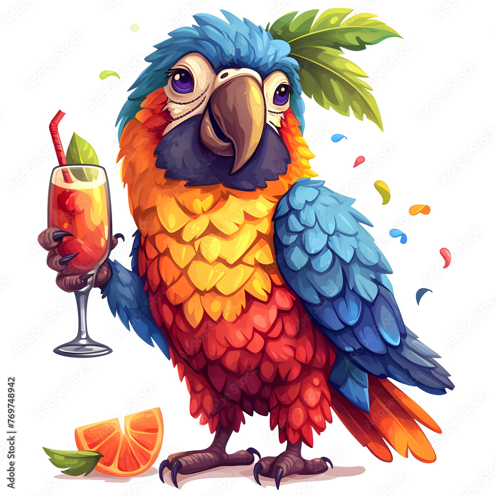 Funny cartoon party parrot with a cocktail glass isolated over a white ...
