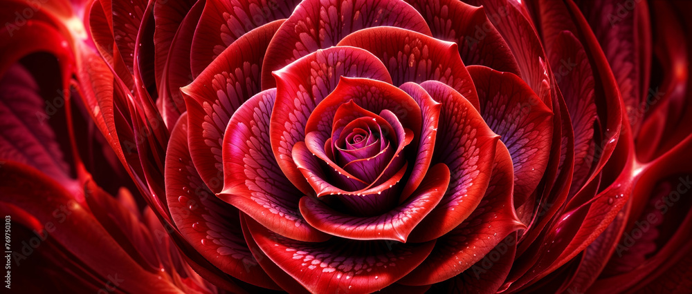 Scarlet red rose in bloom, circular fractal petals pattern, passionate ...
