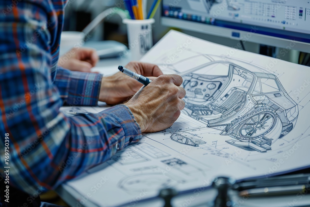Design engineer creating detailed car part drawing in automotive ...