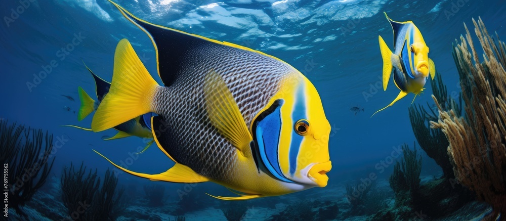 Two electric blue fish with bony fins are swimming in the underwater ...