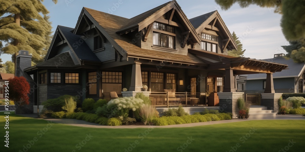 A beautifully crafted Craftsman-style home exterior with intricate ...