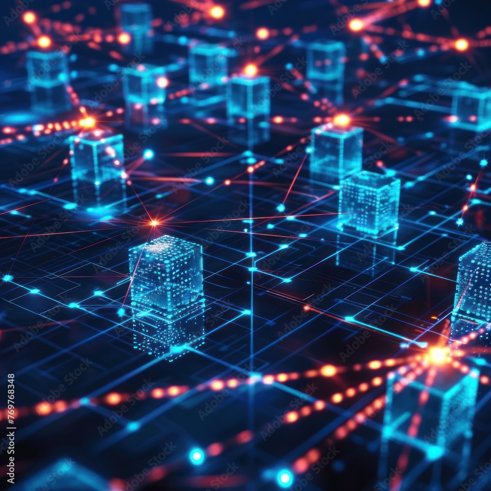 Blockchain technology visualization, interconnected blocks and secure chains, cryptography ...