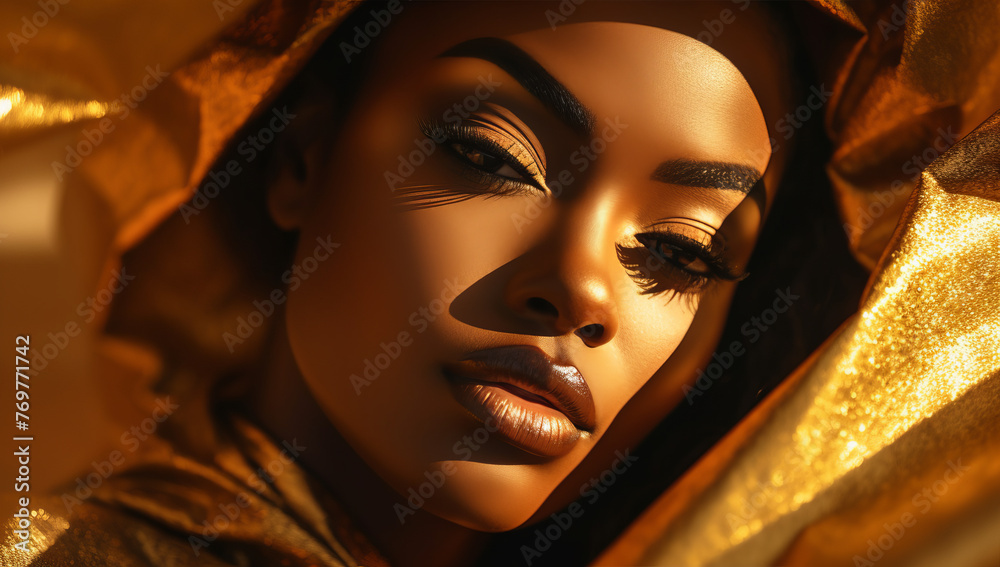 Black woman with gold makeup beauty fashion concept. Salon ethnic ...