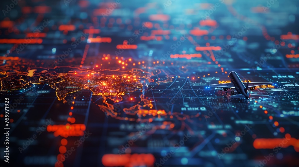 Global Air Traffic Network with Airplane. Airplane model over a glowing ...