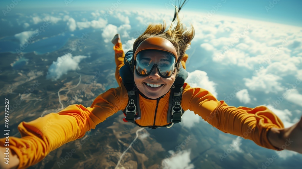 Skydiver Selfie with Exhilarating Cloudscape. Skydiver captures a ...