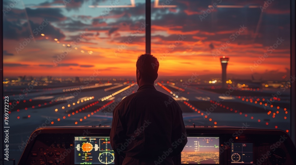 Air Traffic Control Room with Sunset View. Solitary air traffic ...