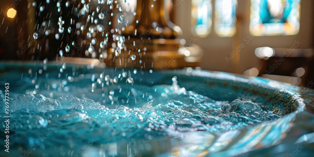 A close-up of a christening font filled with holy water, ready for the ...