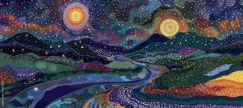 Abstract theme of Australian Indigenous Aboriginal art. Two moons and ...