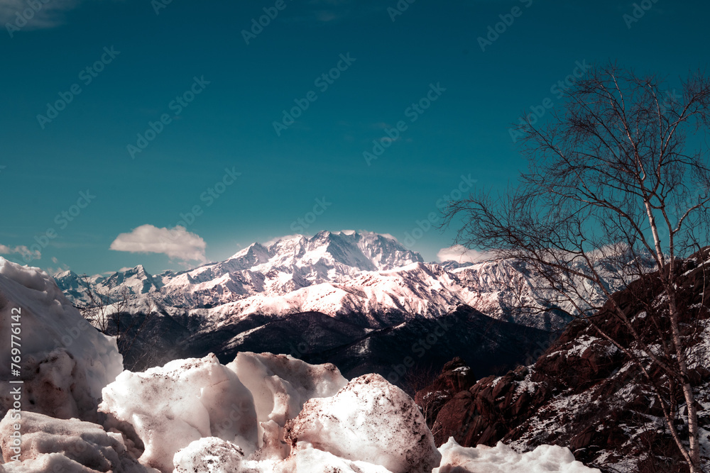 Monte rosa mountain, red rocks and snow. Suggestive view of Monte Rosa ...