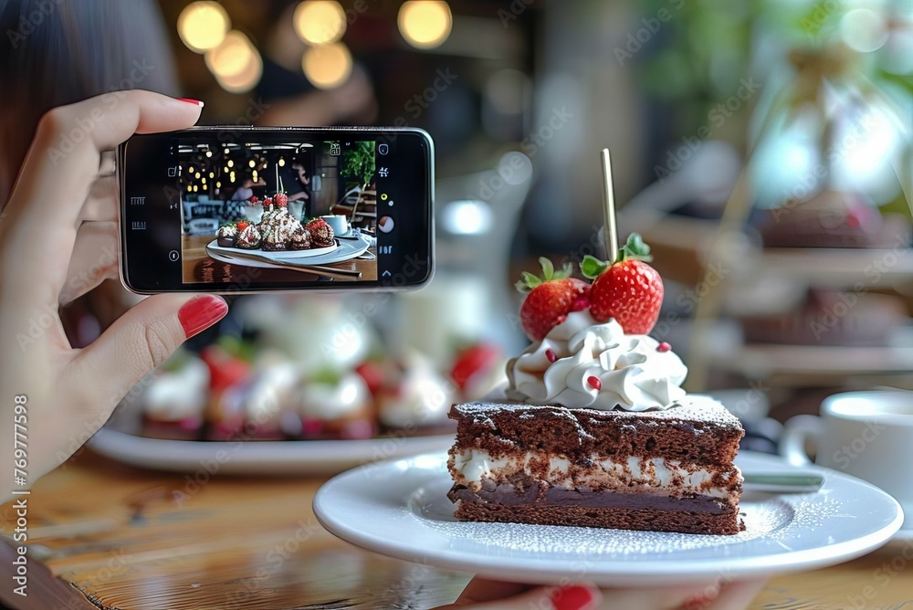Beautiful Asian girl taking a photo and selfie with sweet dessert ...