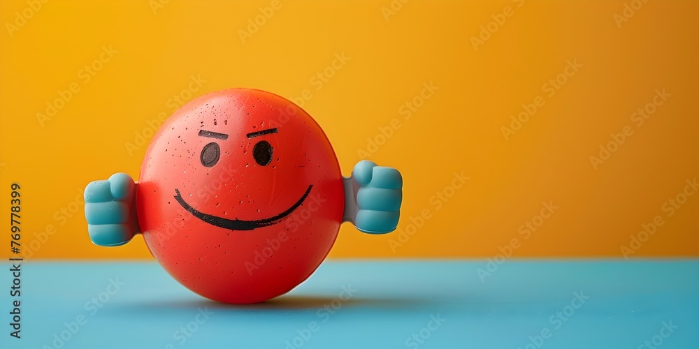a vibrant red stress ball character with a cheerful smiling expression ...