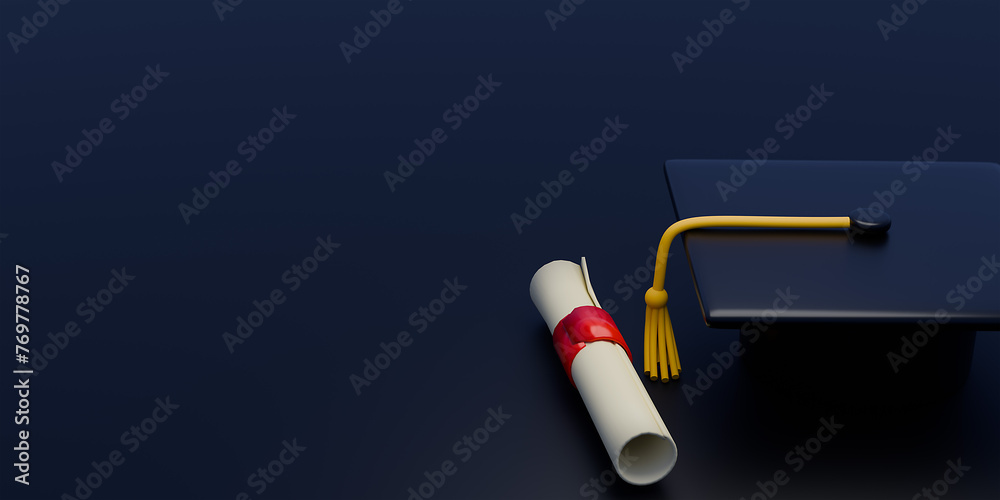 3d illustration of word graduation with graduate caps on dark ...