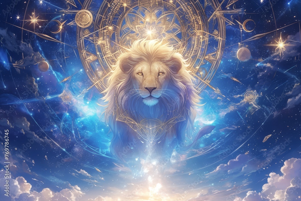 Leo head in the center, surrounded by stars forming zodiac signs around ...