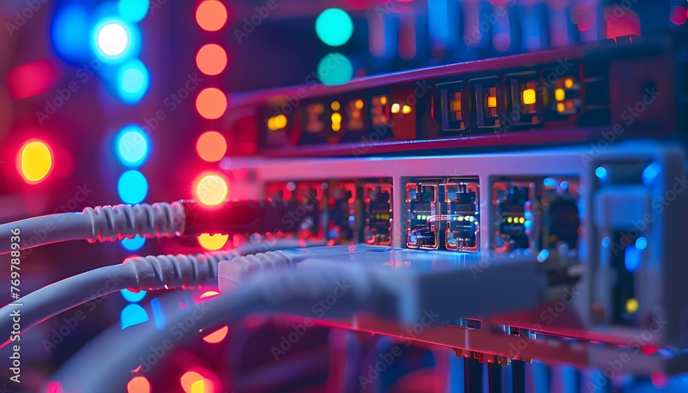 Ethernet cables connected to a network switch with a blurred colorful ...