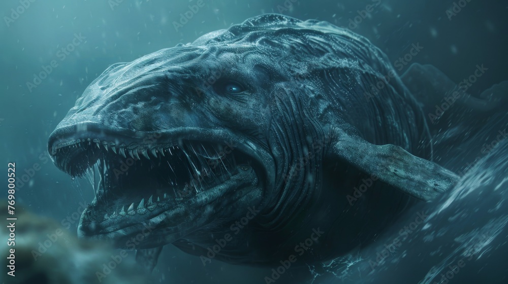 In the dim light of the deep ocean, an ancient leviathan emerges, its ...