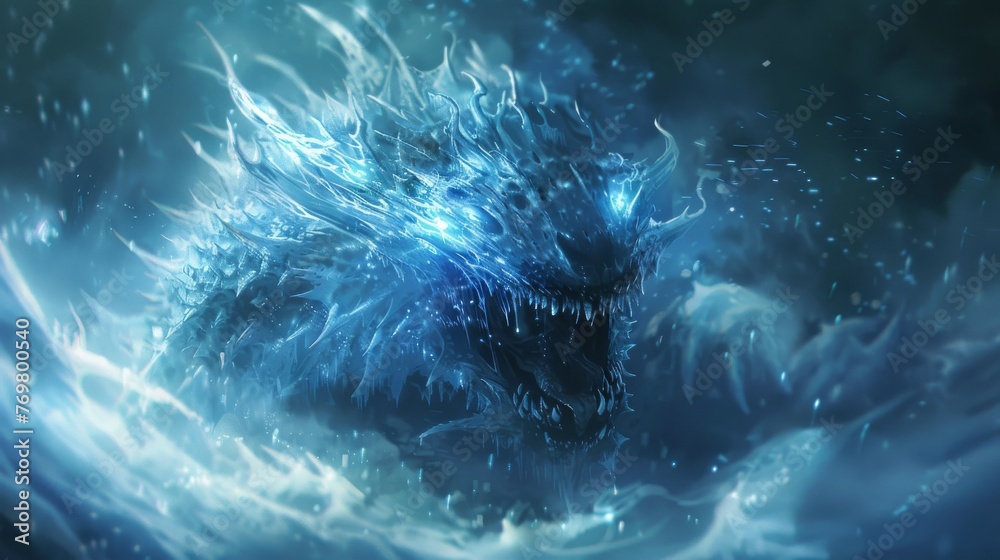 A formidable ice dragon exhales a freezing gale, its spiky silhouette ...