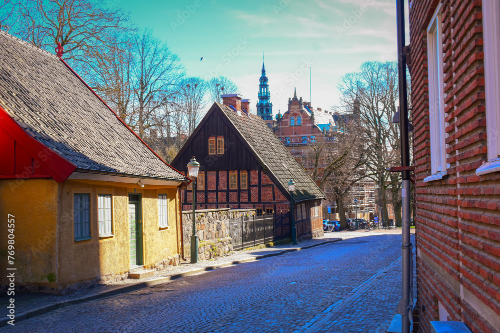 Lund old town, Scandinavian architecture. Old buildings near the campus ...