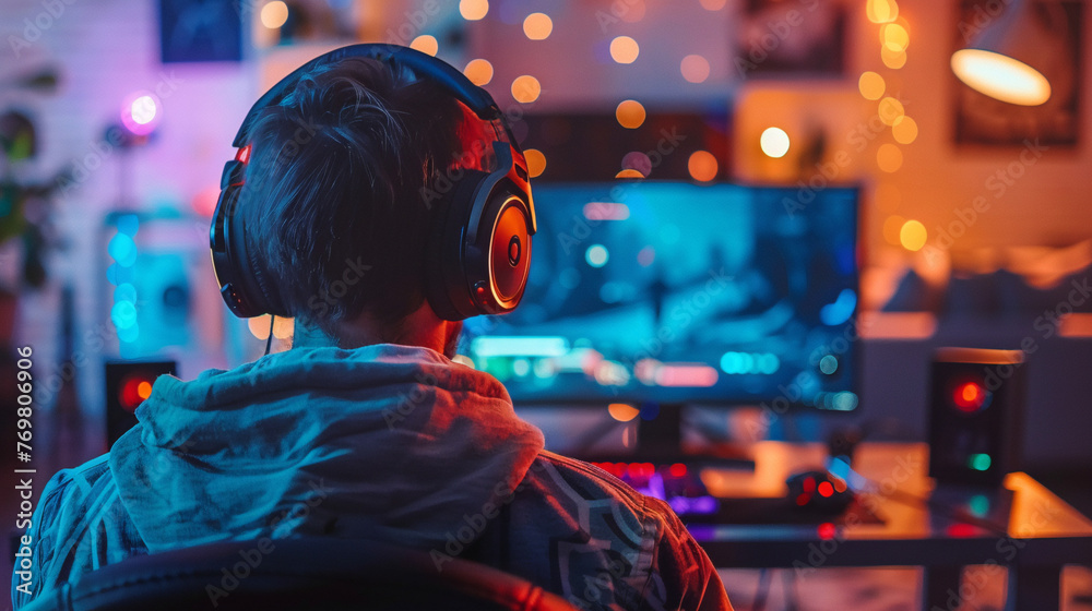 a handsome gamer guy gaming on his pc computer console with keyboard ...
