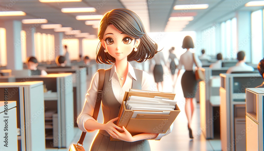Retro, realistic, cartoonist style, 3D, anime, white-collar female ...