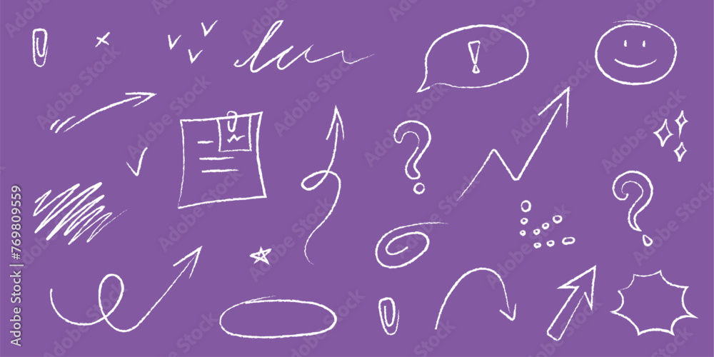 Hand drawn doodle vector set. Smile, arrow, star, scribble, question ...