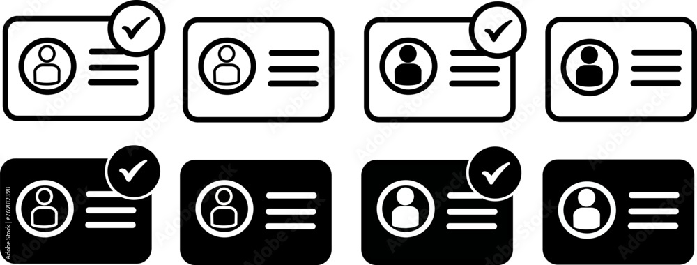 ID Card icons set. ID Card with circle tick approved sign. Replaceable vector design. Stock ...