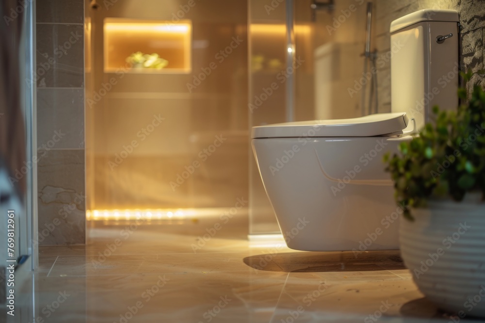 A sleek and modern toilet with a concealed tank and soft-close seat ...