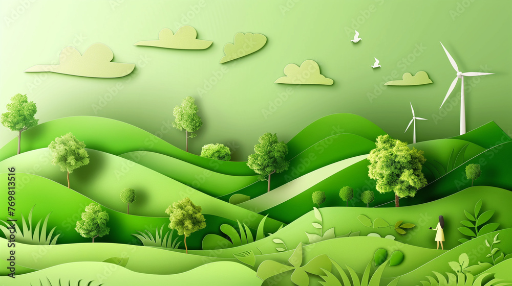 Paper art of world environment day, earth, green city, wind energy ...