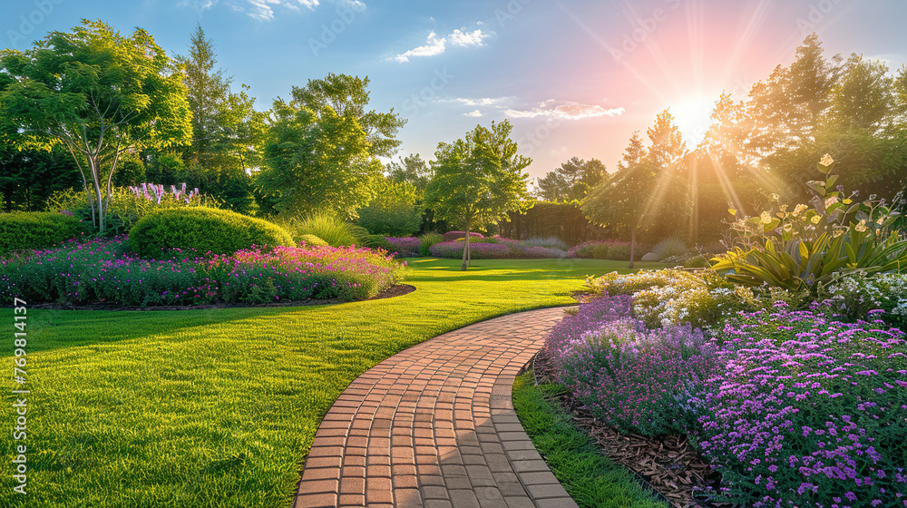 Luxury landscape of wide beautiful garden design with green manicured ...