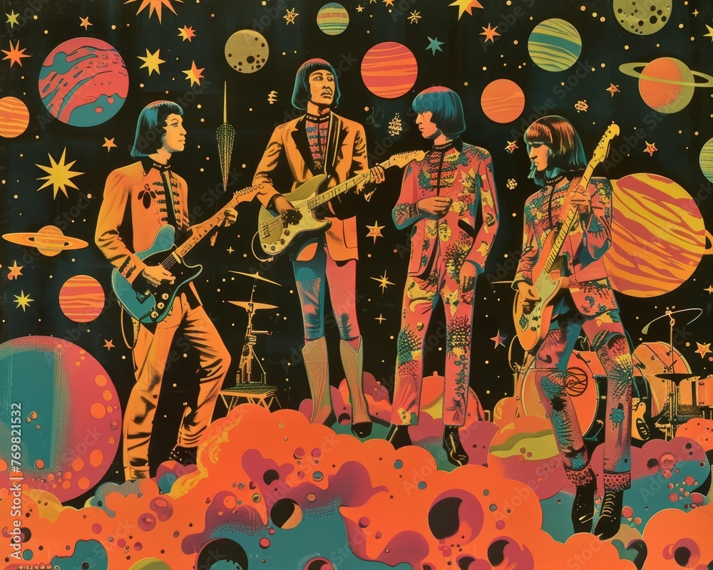 1960s space pop band tour, concerts on different planets, vintage ...