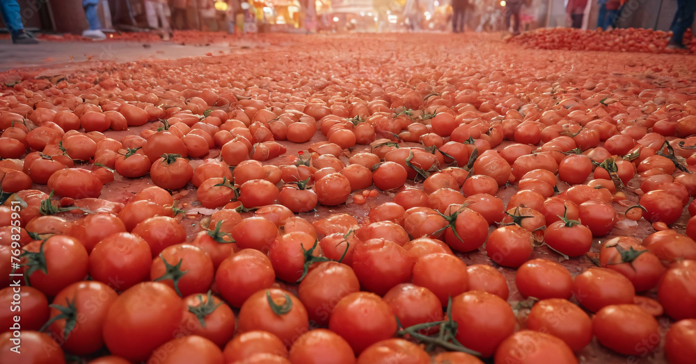 Tomato festival in Spain Tomatino. Tomatoes lie on the city streets ...