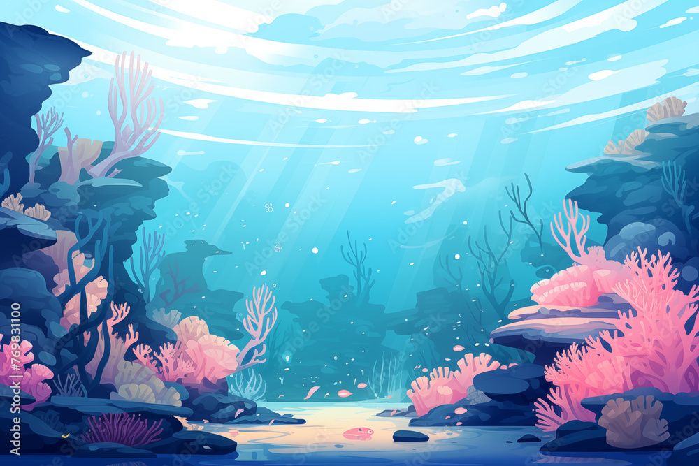 Cartoon under sea landscape. Underwater world with coral reef, fish ...
