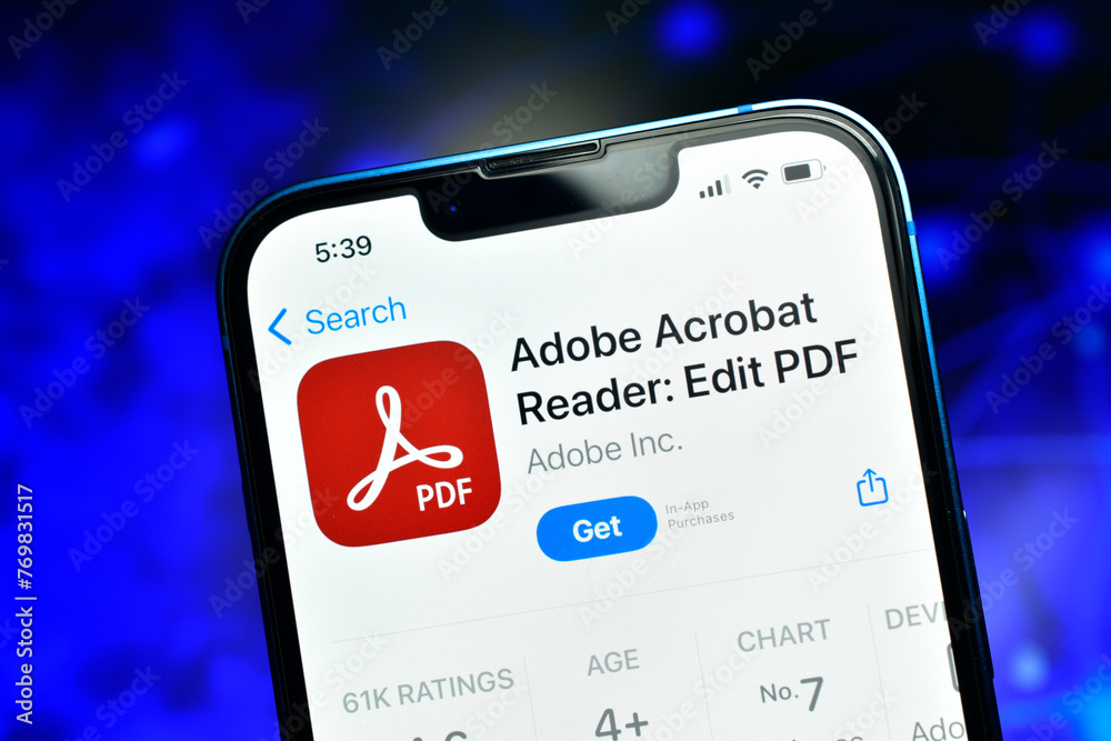 Adobe Acrobat Reader on smartphone used to read and edit PDF files ...