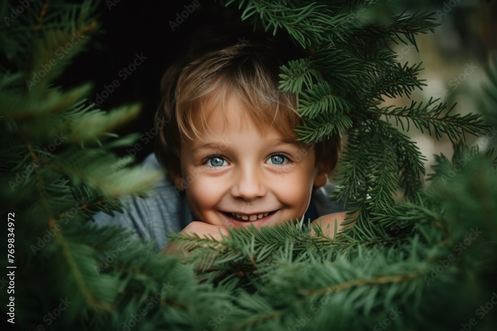 Smiling happy boy portrait hiding behind pine tree needles leaves ...