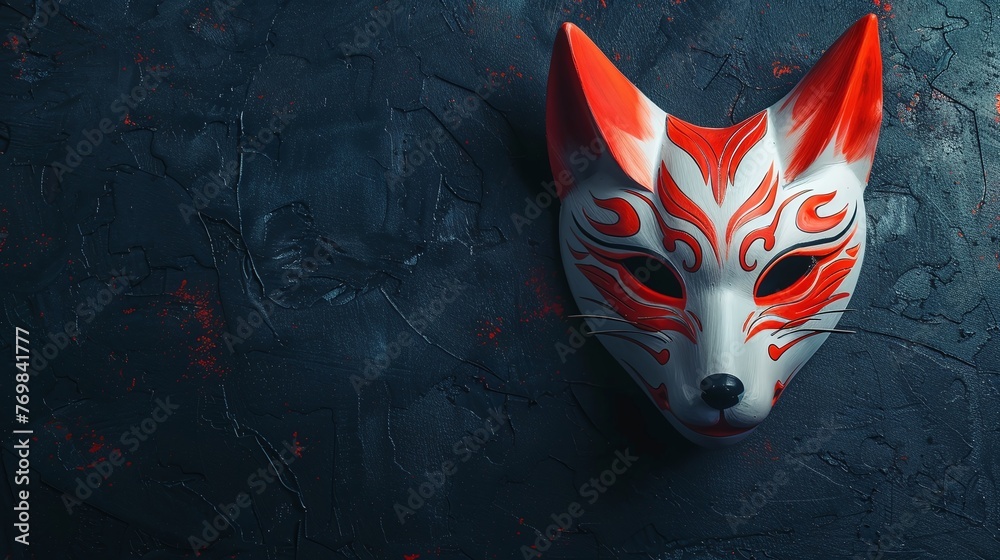 traditional japanese kitsune fox mask: isolated on dark background with ...