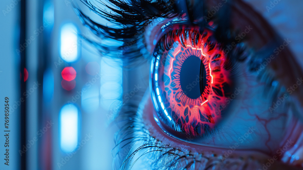 Female eye close up with smart contact lens with digital and bio-metric ...