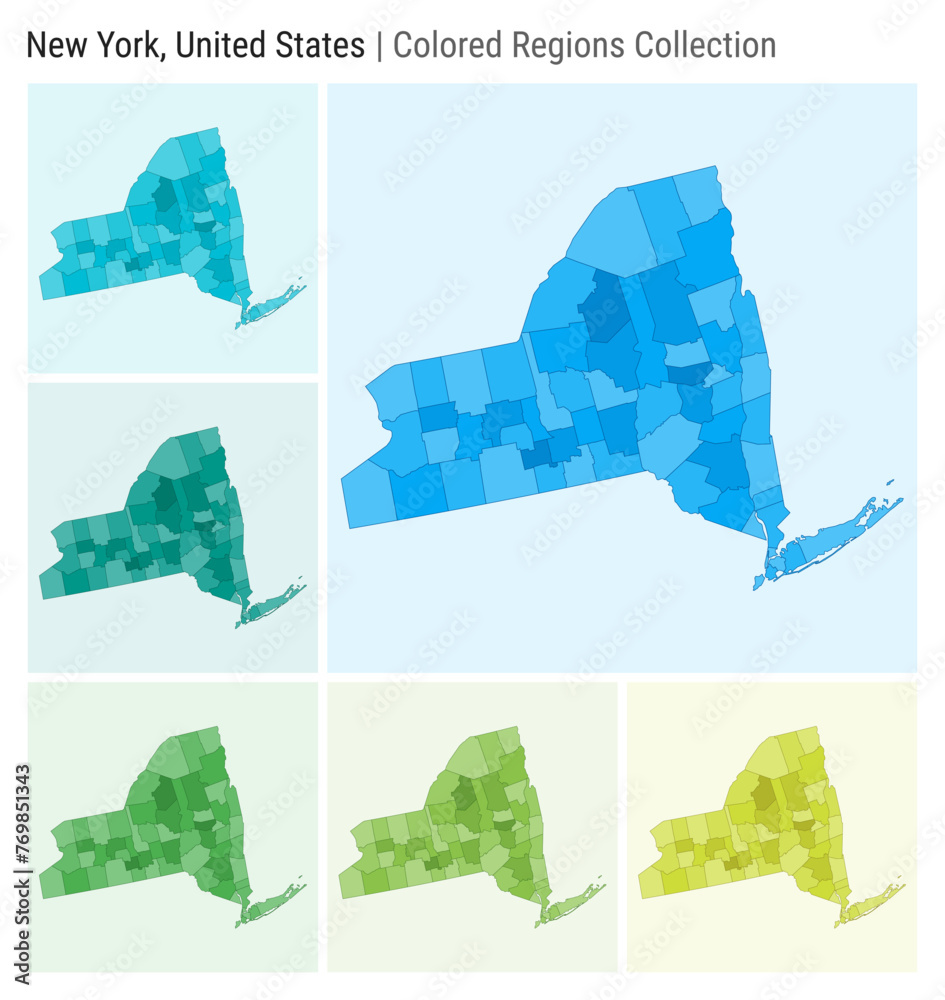 New York, United States. Map collection. State shape. Colored counties ...