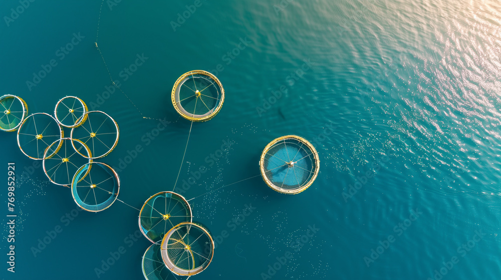 Aerial view of a fish farm in the open sea, the circular fish pens ...