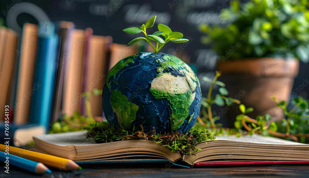 Image of plants forming planet earth, with various books and pencils ...