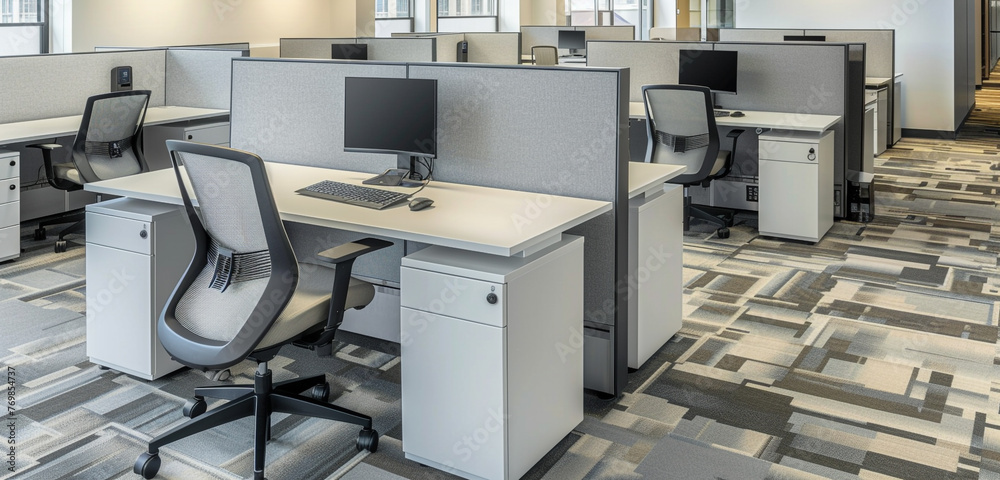 A modern cubicle layout with adjustable privacy screens, ergonomic ...