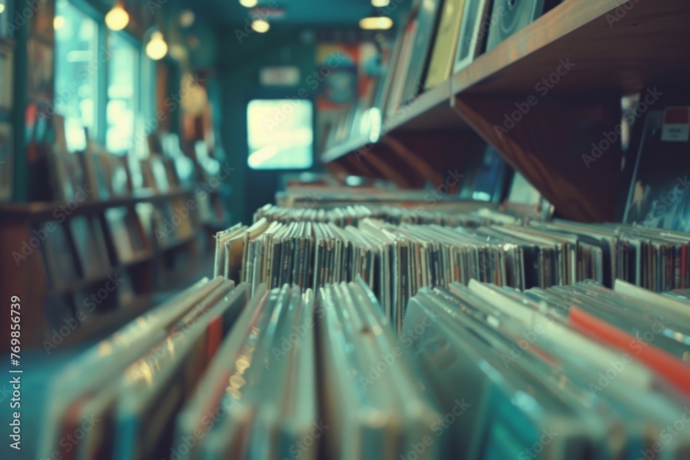 A vintage record store with rows of vinyl records, capturing the nostalgic atmosphere and ...