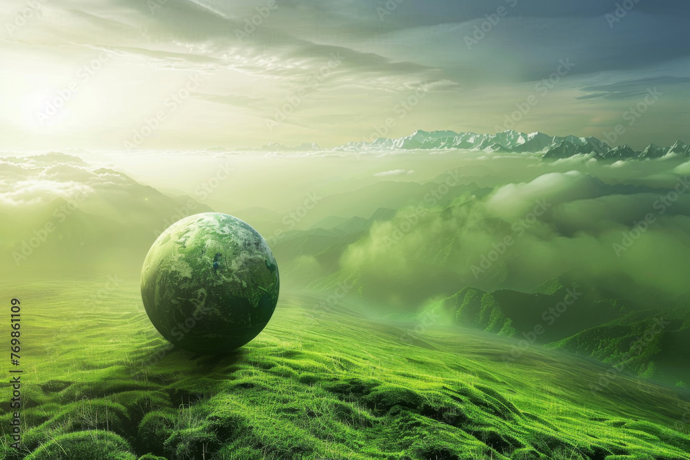 Green forest with the Earth global planet that tree growing from inside ...