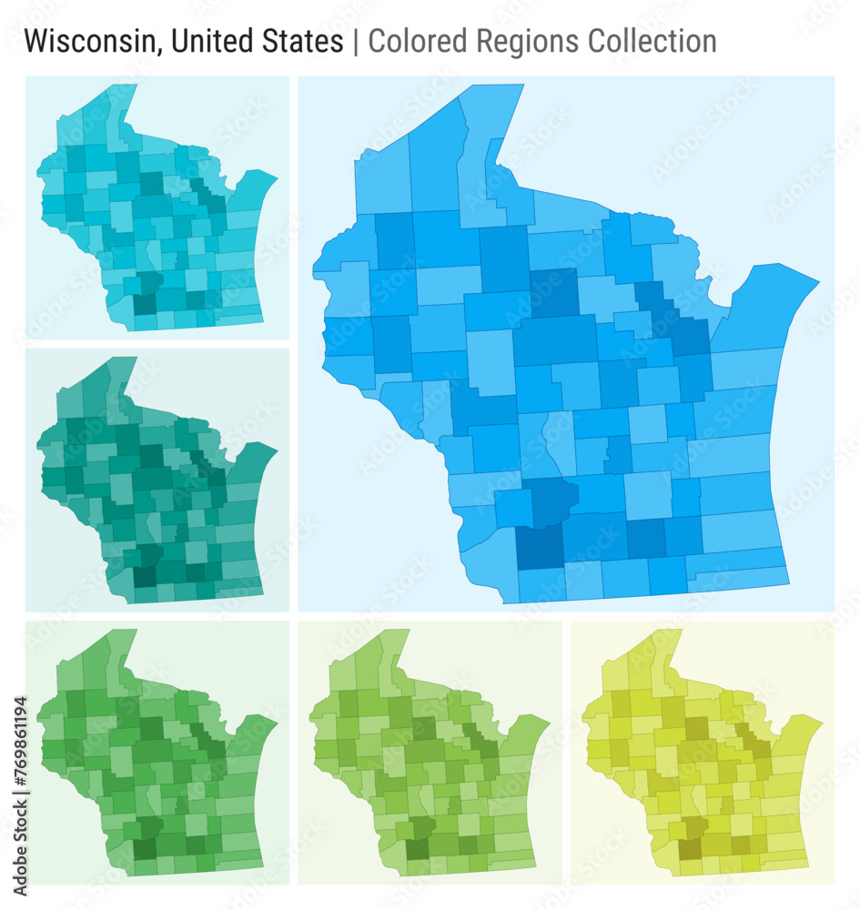 Wisconsin, United States. Map collection. State shape. Colored counties ...