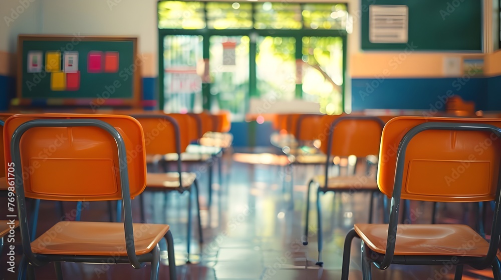 School classroom in blur background without young student. Blurry view ...