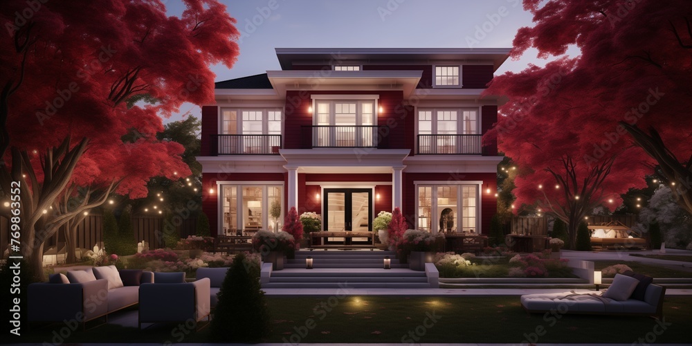 A sophisticated duplex home exterior with white and ruby hues, opening ...