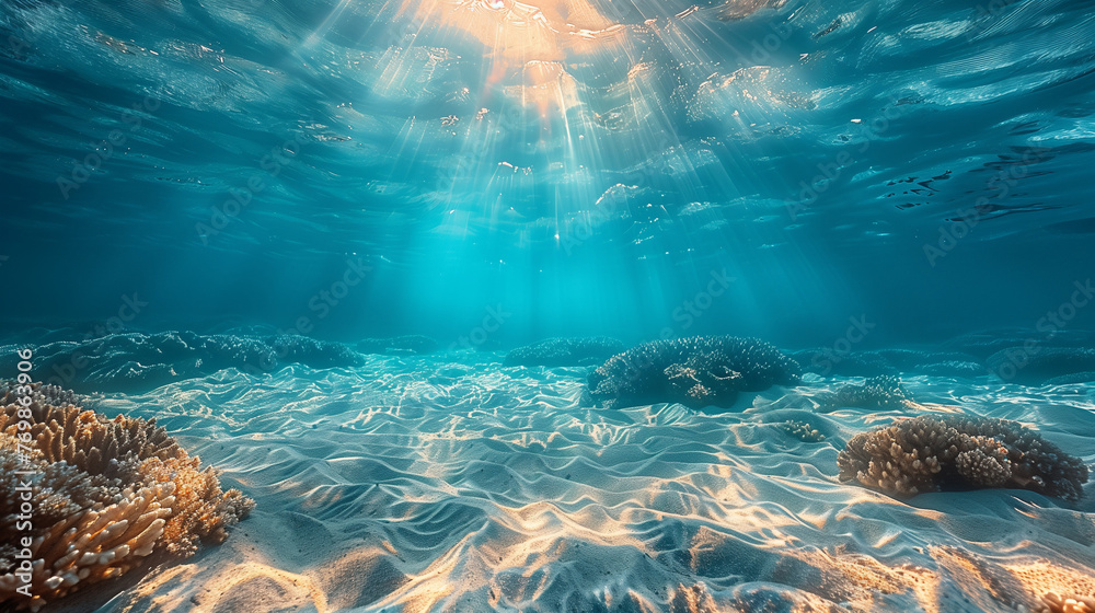 Clean underwater background with sunlight, rays of the sun from the ...