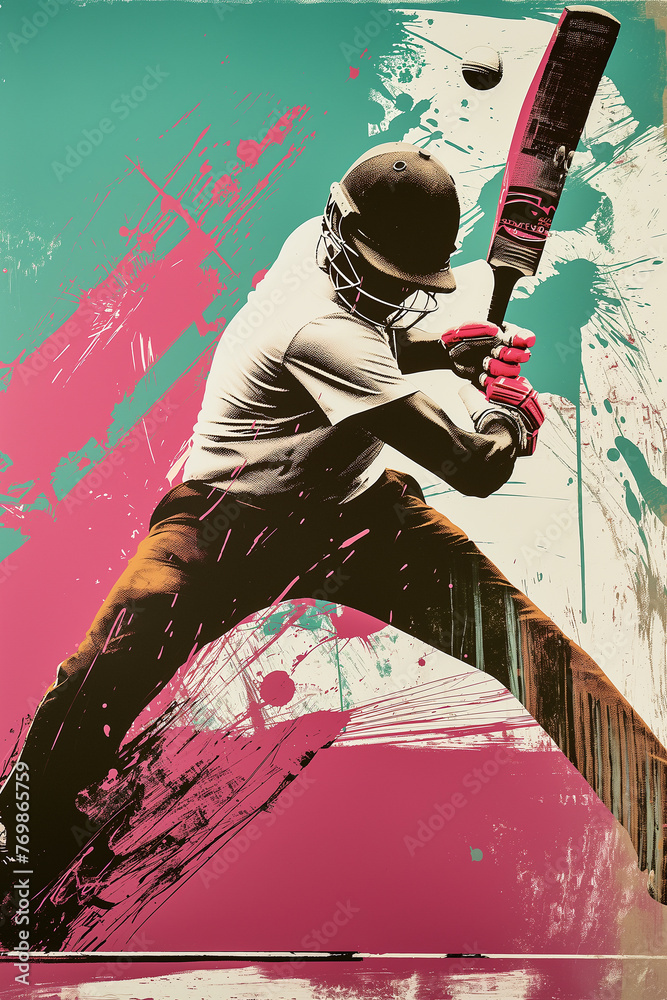 Dynamic cricket player in action poster. Artistic illustration of a ...