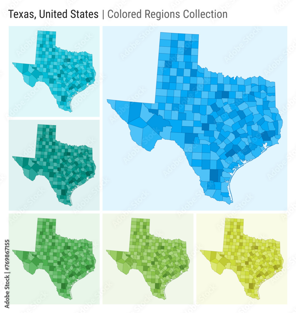 Texas, United States. Map collection. State shape. Colored counties ...