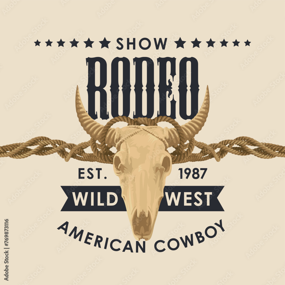 Banner for a Cowboy Rodeo show. Vector illustration with a skull of ...