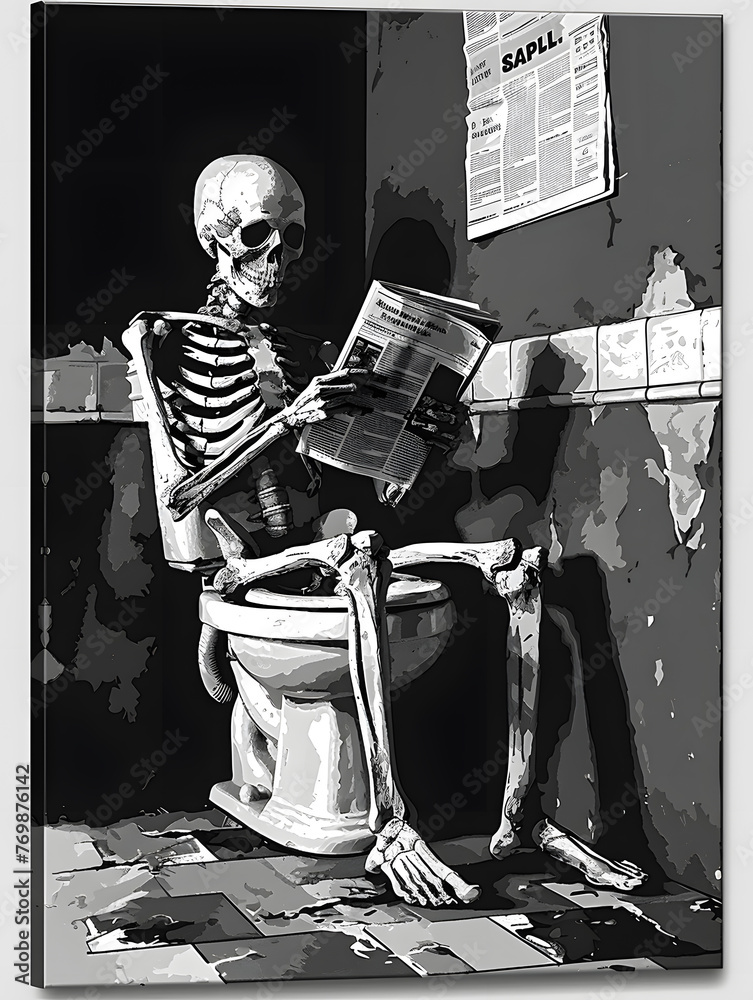 A classic monochrome still life photography scene of a skeleton sitting ...